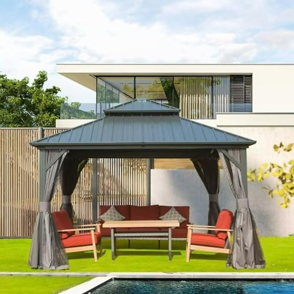 Domi 12’ X 12’ Hardtop Gazebo Canopy with Netting & Curtains, Outdoor Aluminum Gazebo with Galvanized Steel Double Roof for Patio Lawn and Garden, Gray