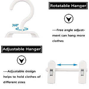 Plastic Pants Hangers, 10 Pack Pant Hangers with Clips, Clothes Hangers with 360°Rotating & Adjustable Clips, Skirt Hangers Space Saving for Kids, Adults and Girls (White)