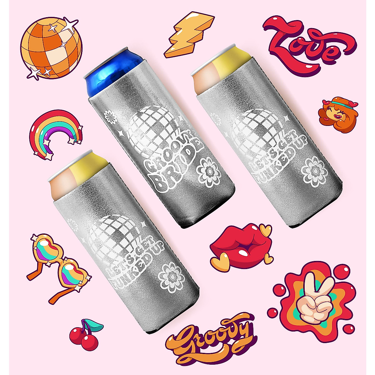 Last Disco Bachelorette Party Coozies Skinny Can {12 Pack} Includes Bride Coozie and 11 Slim Bachelorette Coozies for 70s Bachelorette Party