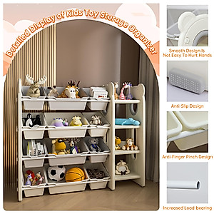 LulliSpace Kids Toy Storage Organizer with 12 Removable Plastic Bins, Modern Toy Organizer Kids Book Rack Storage Bookshelf,Kids and Toddler Toy Storage for Playroom,Daycare and Nursery,4 Tiers