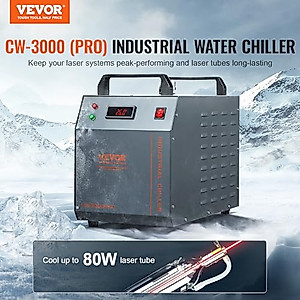 Industrial Water Chiller, CW-3000(PRO), Air-Cooled Industrial Thermolysis Type Water Chiller with 12L Water Tank Capacity 18 L/min Max Flow Rate, for 40W-80W CO2 Laser Engraving & Cutting Machines