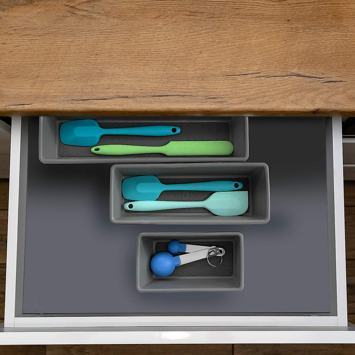 edge Tray Bins 3 Pack Multi Use Storage for Kitchen Darwers, Office and Bathroom Non-Slip Durable Rubber Lining, Charcoal - Large