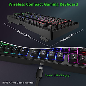 BlueFinger Wireless Gaming Keyboard, Rechargeable RGB Rainbow Backlit Gaming Keyboard, Compact 87 Keys Wireless Keyboard for Mac Laptop Computer PC Gamer