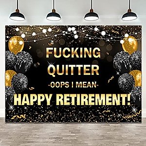 Wollmix Happy Retirement Party Decorations Banner Backdrop, 7x5ft Black and Gold Balloons Men Photography Background Congrats Golden Glitter Dots Sign Photo Booth Prop Cake Table Supplies