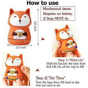 NUOSWEK Mechanical Kitchen Timer, Cute Animal Timer for Kids, Wind Up 60 Minutes Manual Countdown Timer for Classroom, Home, Study and Cooking (Orange Fox)