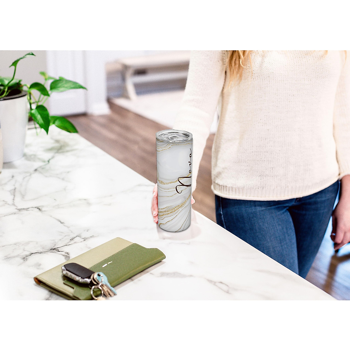 Elanze Designs Nova Name, White & Gold Glitter Marble Wrap-Around Design 20 Ounce Stainless Steel On-The-Go Coffee Travel Insulated Skinny Tumbler Mug Cup with Slide Top Lid