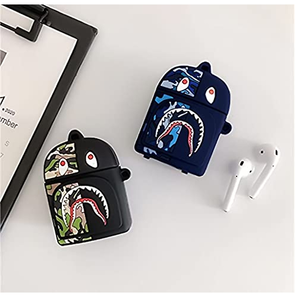 Bolod Designer Cases Made of Silicone for Airpods 1&2, Protective Cartoon Fashion Cases (Airpods 2&1, Black & Deep Blue)