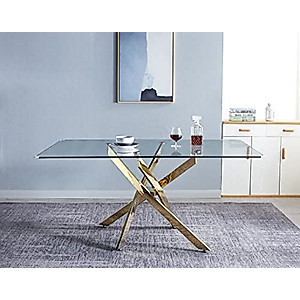 Glass Dining Table for 6 - Dining Room Table with Gold Stainless Steel Legs, 63 inch Rectangular Dining Table Kitchen Table, Modern Dining Table for Kitchen Dining Room, Home Office Furniture