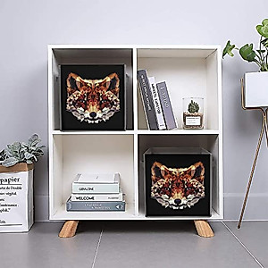 Geometric Fox PU Leather Collapsible Storage Bins Canvas Cube Organizer Basket with Handles