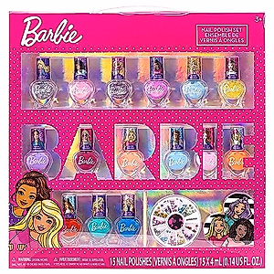 Barbie Movie 18 Piece Kids Water-Based Nail Polish Activity Makeup Set, Includes Nail Polish with Nail Gems Wheel and Nail File for Parties, Sleepovers and Makeovers, Townley Girl