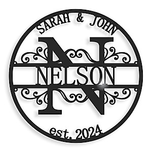 Personalized Name Sign, Custom Last Name Sign, Initial Split Letter, Wreath Monogram, Wedding Gift for Couples, Custom First Names, Door Hanger, Est. Sign, Wall Decor, Housewarming Gift (Design 1)