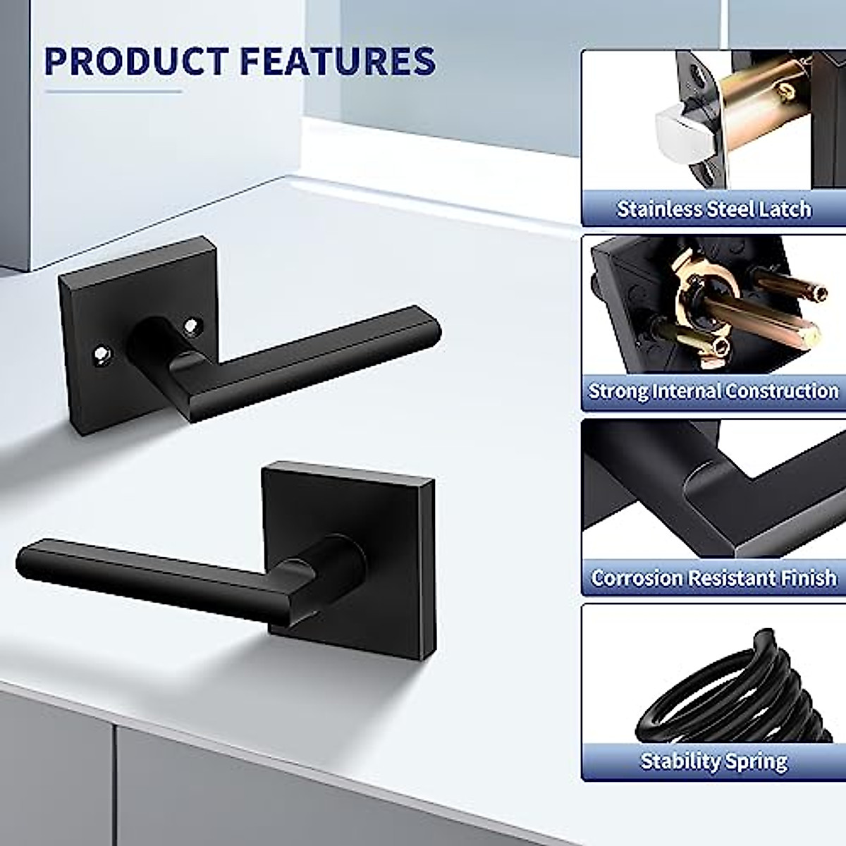 LOQRON Passage Door Lever Heavy Duty Keyless Door Handle Square Non-Locking Door Lock Matte Black Finish Reversible for Hall Closet Door