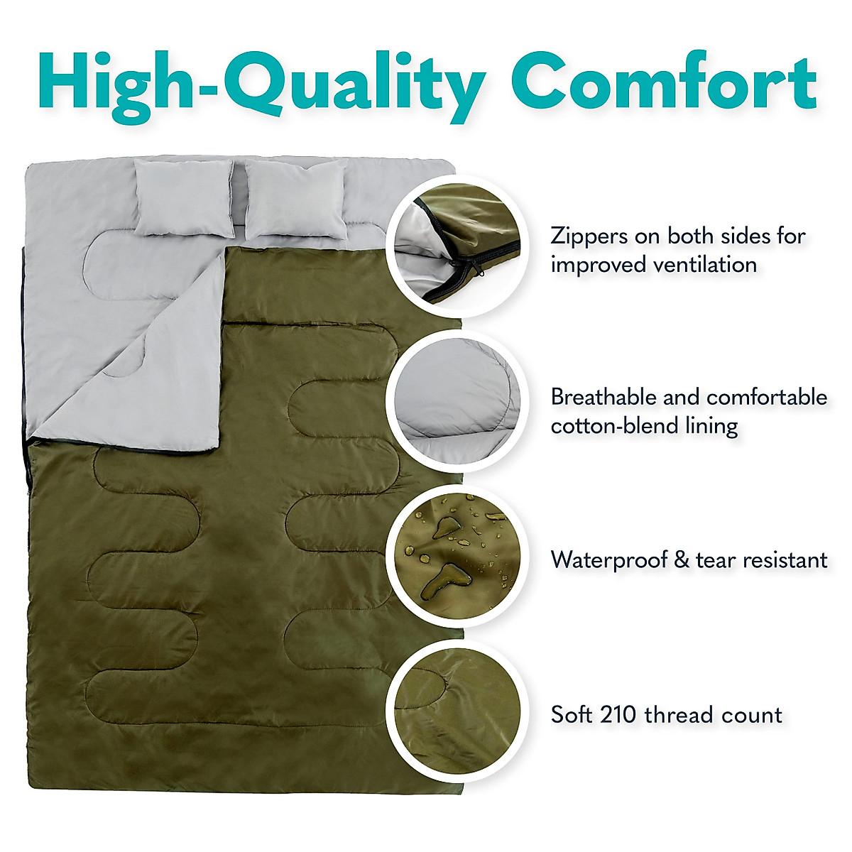 Sleepingo Double Sleeping Bags for Adults Backpacking, Camping, Hiking - Waterproof Queen Sleeping Bag for Adults or Teens - Two Person Sleeping Bag