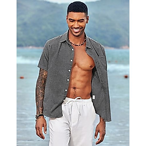 COOFANDY Men's Western Casual Shirt Button Up Basic Solid Linen Business Shirts Hawaiian Vacation Shirts Short Sleeve - Black
