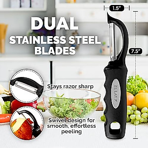 Zulay Kitchen Premium Vegetable Peeler for Kitchen - Swivel Peeler with Razor Sharp Stainless Steel Blades & Strong Ergonomic Handle - Dishwasher Safe, Easy To Use with Blemish Remover - Black