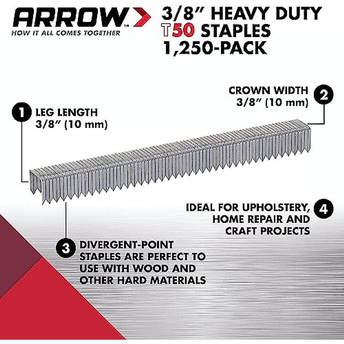 Arrow 506 Heavy Duty T50 3/8-Inch Leg Length, 3/8-Inch Crown, Staples for Upholstery, Construction, Furniture, Crafts, 1250-Pack