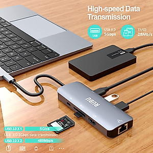 RUBU 8- in-1USB C Hub Multiport Adapter with Ethernet Driverless Compatibility with Mac, Windows, iPhone 15, Chromebook, USB, Thunderbolt, PD Charging, Ethernet, 4K60Hz HDMI, 2X USB, SD/microSD