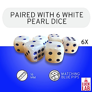 Luck Lab Black Leather Dice Cup with Lid Including 6 Matching Pearl Dice - Blue Velvet Interior for Quiet Shaking - Use for Liars Dice Farkle Yahtzee Board Games, Black