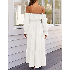ZESICA Women's 2024 Boho Sexy Off Shoulder Long Sleeve Smocked High Waist Side Split Flowy A Line Tiered Long Maxi Dress,White,Medium