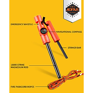 AOFAR Fire Starter AF-381 Fire Steel 5-in-1 for Camping, Hiking, Hunting, Backpacking, Boating, Outdoor Magnesium Survival Rod with Fire Paracord, Compass and Whistle, Waterproof (2-Pack)…