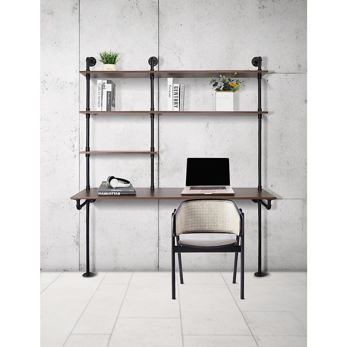 OLDRAINBOW Ladder Desk with Shelves Floating Computer Desk,Wall Mounted Laptop Desks for Small Spaces,Industrial Pipe Bookshelf Narrow Writing Desk