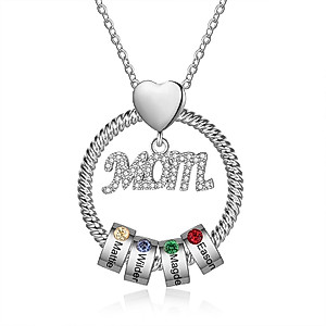 Mom Necklace Personalized Name Necklace for Women with Birthstone Custom Women's Pendant Circle Necklaces with Beads Personalized Gift for Mother Wife Grandma Mother's Day Gift (4 birthstones)