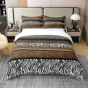 Zebra Texture 100% Natural Cotton Duvet Cover Full Dark Leopard Bedding Set for Kids Youth Adults Rustic Paisley Comforter Cover Bohemian Exotic Brown Bed Sets with 2 Pillowcases Soft