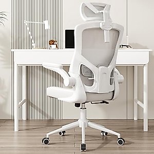 𝑯𝑶𝑴𝑬 𝑶𝑭𝑭𝑰𝑪𝑬 𝑪𝑯𝑨𝑰𝑹, Ergonomic Mesh Desk Chair, High Back Computer Chair- Adjustable Headrest with Flip-Up Arms, Lumbar Support, Swivel Executive Task Chair (Modern, White)