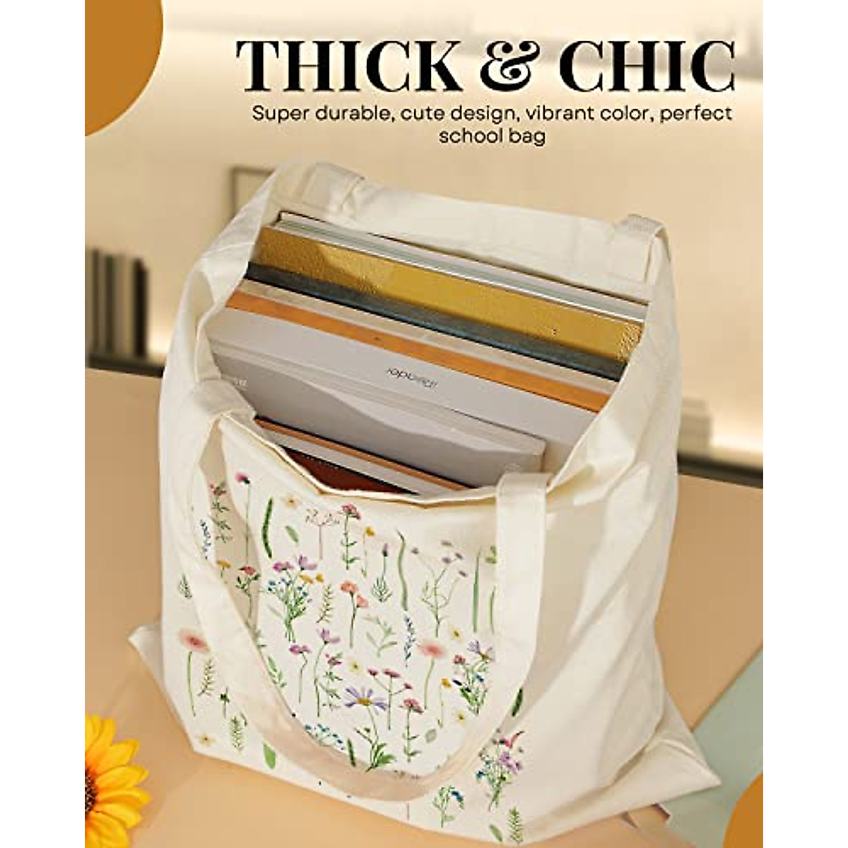 AUSVKAI Canvas Tote Bag Aesthetic for Women, Cute Trendy Wildflowers Reusable Cloth Cotton Bags with Handle for Grocery School Shopping Beach