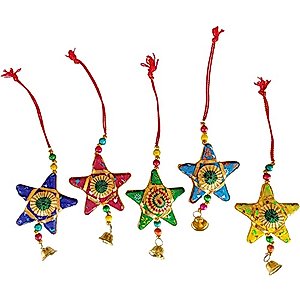 FIKIMOS Star Bell and Half Moon Hanging Set of 5 Home Christmas Hanging Party Decorative Ornaments Multi Colored Indian Traditional (Multi 5 Star)