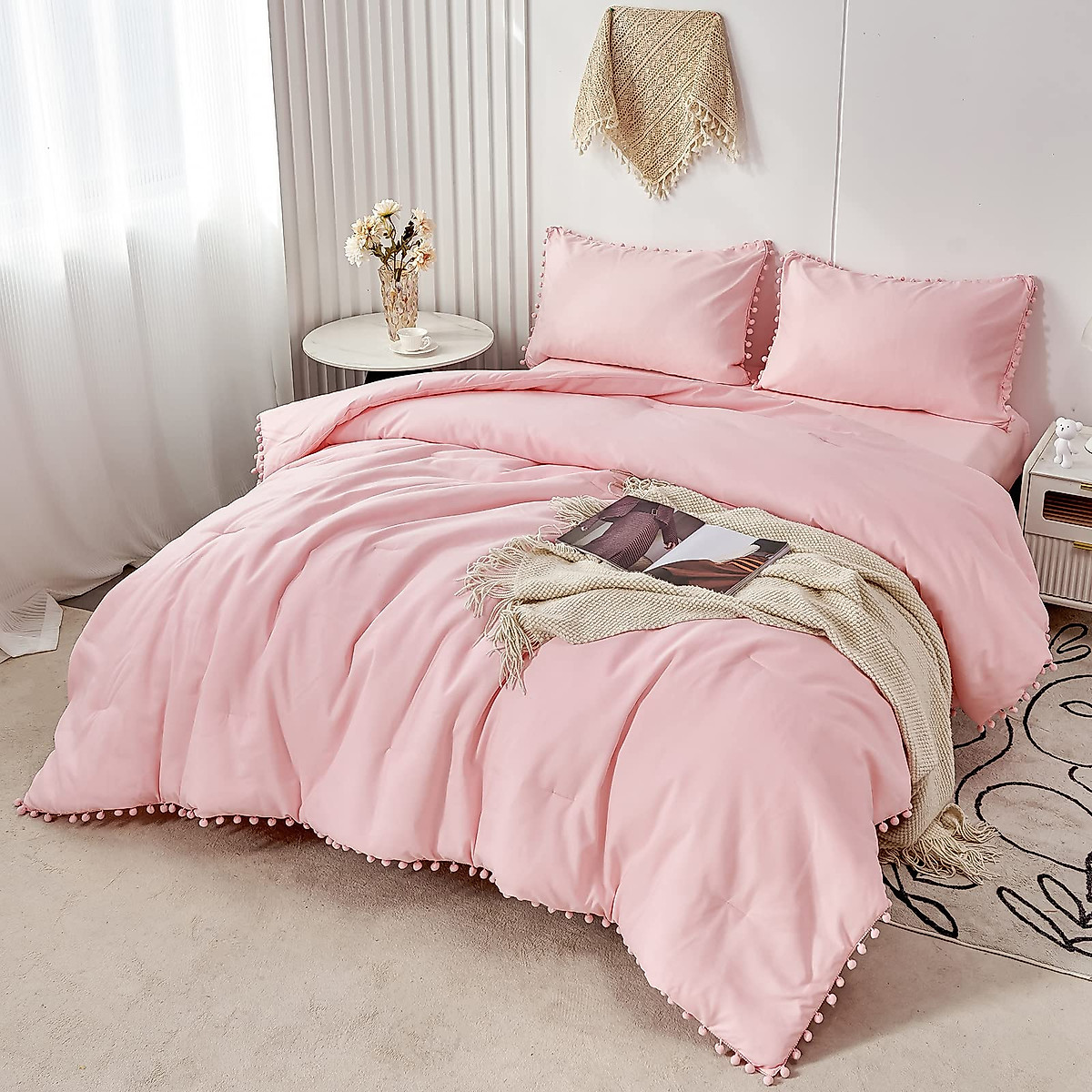 PERFEMET 5 Pcs Pink Pom Pom Comforter Boho Chic Aesthetic Ball Pom Comforter Set Full Size Ultra Soft Lightweight Bedding Set with Sheet for Girls Kids(Pink, Full)