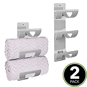 mDesign Plastic Wall Mounted Towel Rack Storage Organizer Holder for Master or Guest Bathroom - Hold Bath, Hand, and Face Towels/Washcloths - Aura Collection - 2 Pack - Gray