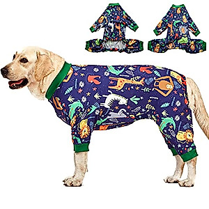 LovinPet Giant Dog Outfits, Anti Licking, Dog Wound Care/Surgery Recovery Clothes, Lightweight Stretch Jersey Knit, Animal Kingdom Blue Print, Large Breed Dog Clothes, Pet PJ's /3XL