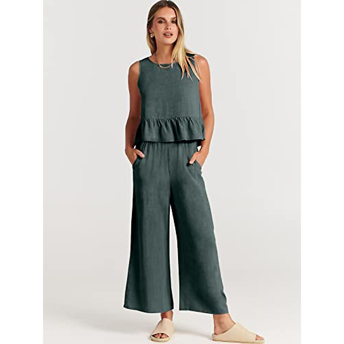 ANRABESS Two Piece Outfits for Women Cruise Resort Wear 2023 Summer Set Vacation Sleeveless Linen Crop Tank Top Casual Matching Lounge Sets Tracksuits Long Pants Jumpsuits Clothes 817shenhui-L