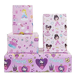 Princess Dressed in Pretty outfits On Pink Gift Wrapping Paper Flat Sheets (4-Sheets, 4-Designs: 15 sq. ft. ttl)-For Girls Baby Shower, Birthday, Christmas Holiday Gift Wrap, Princess Party Supplies and More