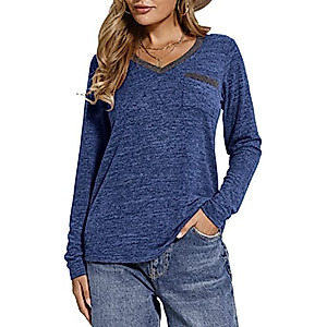 Grace's Secret Womens Sweaters Lightweight Soft Warm Sweatshirt Long Sleeve V Neck Shirts with Pockets,Navy,L
