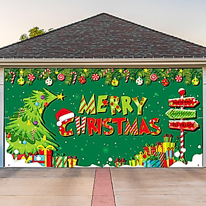 Ganeen 8 x 16 ft Christmas Outdoor Green Tree Garage Door Banner Large Winter Forest Pine Trees Snowy Backdrop Holiday Background Sign for Xmas Garage Door Wall Decoration Props Gifts