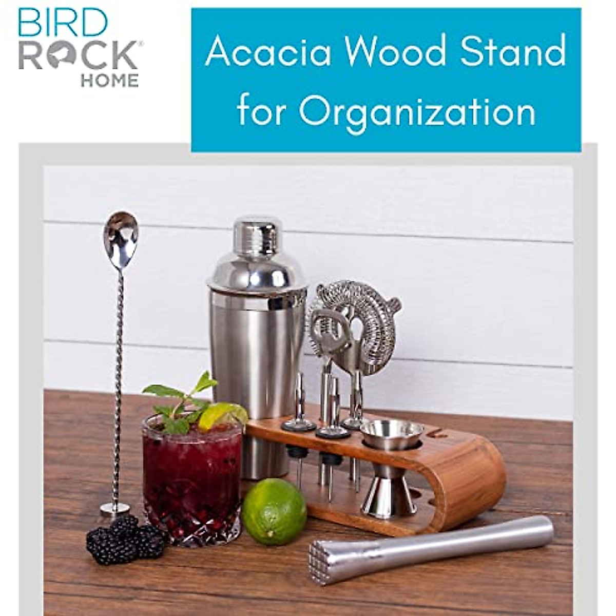 BIRDROCK HOME 10 Piece Bartender Kit with Wood Stand | Acacia | Professional Grade Stainless Steel Cocktail Set | Home Bar Tools | Gifts for Him | Shaker Bottle Opener
