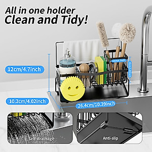 Adurei Kitchen Sink Caddy Sponge Holder for Kitchen Sink SUS304 Stainless Steel Rack with High Brush Holder Smiley Face Sponge Hook Towel Holder and Divider Gadgets Organizer for Counter