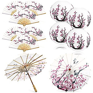 Tallew 12 Pcs Cherry Blossom Decor Set, Including 2 Chinese Japanese Oiled Paper Umbrella, 4 Pink Lanterns and 6 Handheld Silk Decorative Folding Fans for Wedding Party Favor