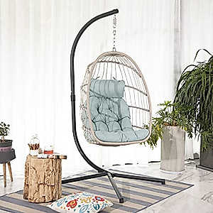 Patiorama Indoor Outdoor Egg Swing Chair with Stand, Patio Beige Wicker Rattan Hanging Chair with Rope Back, Cushion,Cover,All Weather Foldable Hammock Chair for Bedroom, Garden (Tiffany Blue)