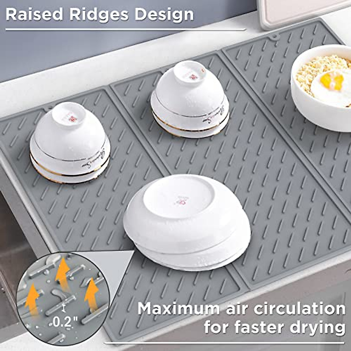 SOSMAR Silicone Drying Mat, 24” x 16”, Dish Drying Mat, Trifold Large Dish Drainer Mat for Kitchen Counter, Heat Resistant Hot Pot Holder, Non-Slip Silicone Sink Mat, BPA Free, Dish Washer Safe, Gray