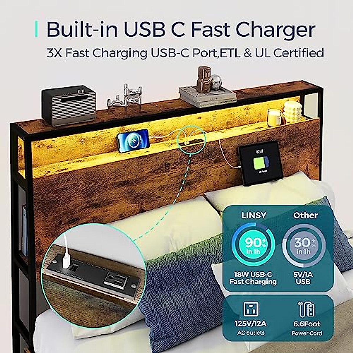 LINSY Full Size Bed Frame with 4 Drawers & Headboard, Bed Frame with RGB Lights & Fast Charger, Fast Assembly Bed Frame Full with Storage, No Box Spring Needed, Rustic Brown