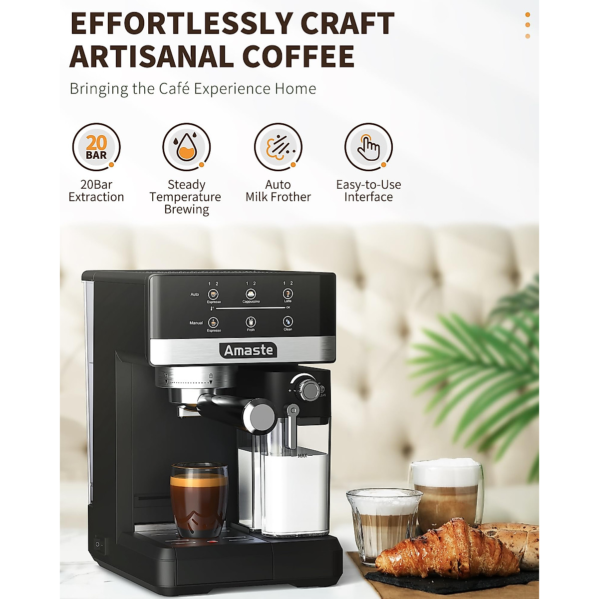 Amaste Espresso Machine, 20 Bar Cappuccino Machine With Touch Screen, Espresso Machine with Milk Frother for Home, 3-in-1 Latte Machine With Milk Tank for Espresso, Cappuccinos & Lattes, 1350W