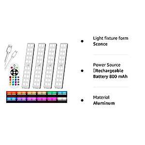 Diomart 48 LED Under Cabinet Lighting Wireless, 15 Colors Changeable Rechargeable RGB Under Cabinet Lights Remote Control Under Counter Lights Mini Night Light Bar for Indoor Display Shelf, 4 Pack