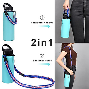 Wongeto Paracord Handle with Shoulder Strap,Compatible with Hydro Flask Wide Mouth Water Bottles 12oz - 64 oz（Not for The New Hydro Flask 2.0,Bottle Strap for Walking Hiking Camping(Blue&Red&White)