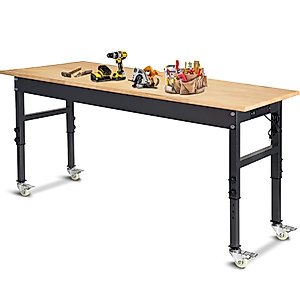 60" Adjustable Work Bench, Rubber Wood Top Workbench Heavy-Duty Work Table with Power Outlet with Wheels, 2000 LBS Load Capacity Hardwood Work Benches for Garage, Workshop, Home, Office, Easy Assembly