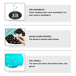 Happy 13th Birthday Party Hanging Swirls Streams Ceiling Decorations, Celebration 13 Foil Hanging Swirls with Cutouts for 13 Years Teal Silver Black Blue Birthday Party Decorations Supplies