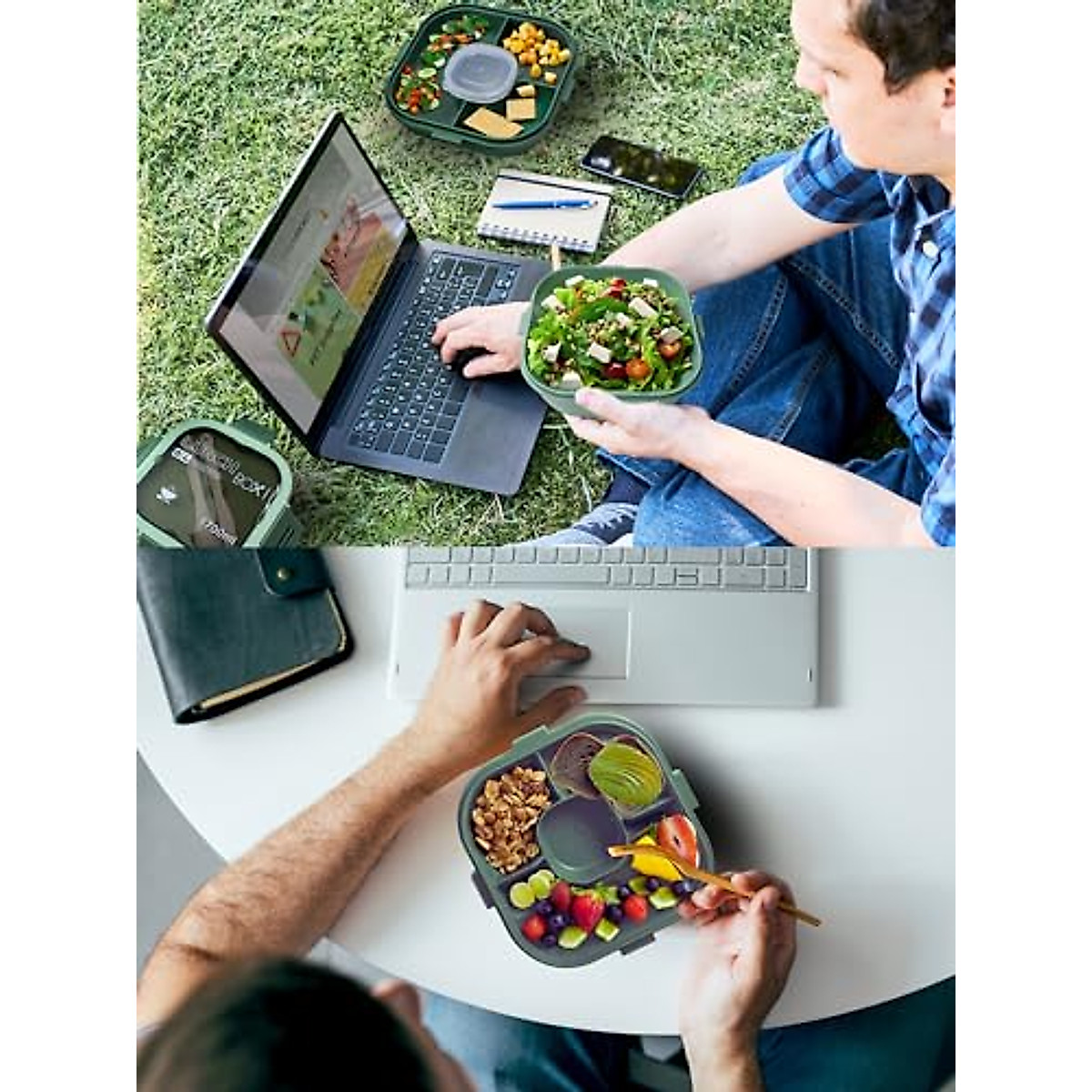 FORZAROCKET Bento Box 57-Oz With 3-Oz Leak Proof Salad Dressing Container For Lunch 4 Compartment Lunch Containers And Salad Bowl With Lid Lunch Spork And Knife Bpa Free (Blue Yellow)