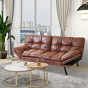 Maxspeed Sofa Bed Couch, Memory Foam Futon Sofa Bed with Mattress and Frame Included,Comfortable Brown Faxu Leather Loveseat Sleeper Sofa for Dorm Apartment Office College Small Space Bedroom